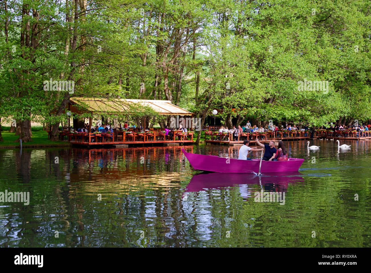 Restaurant on lakeshore, Tushemisht, source area of lake Ohrid, Drilon ...