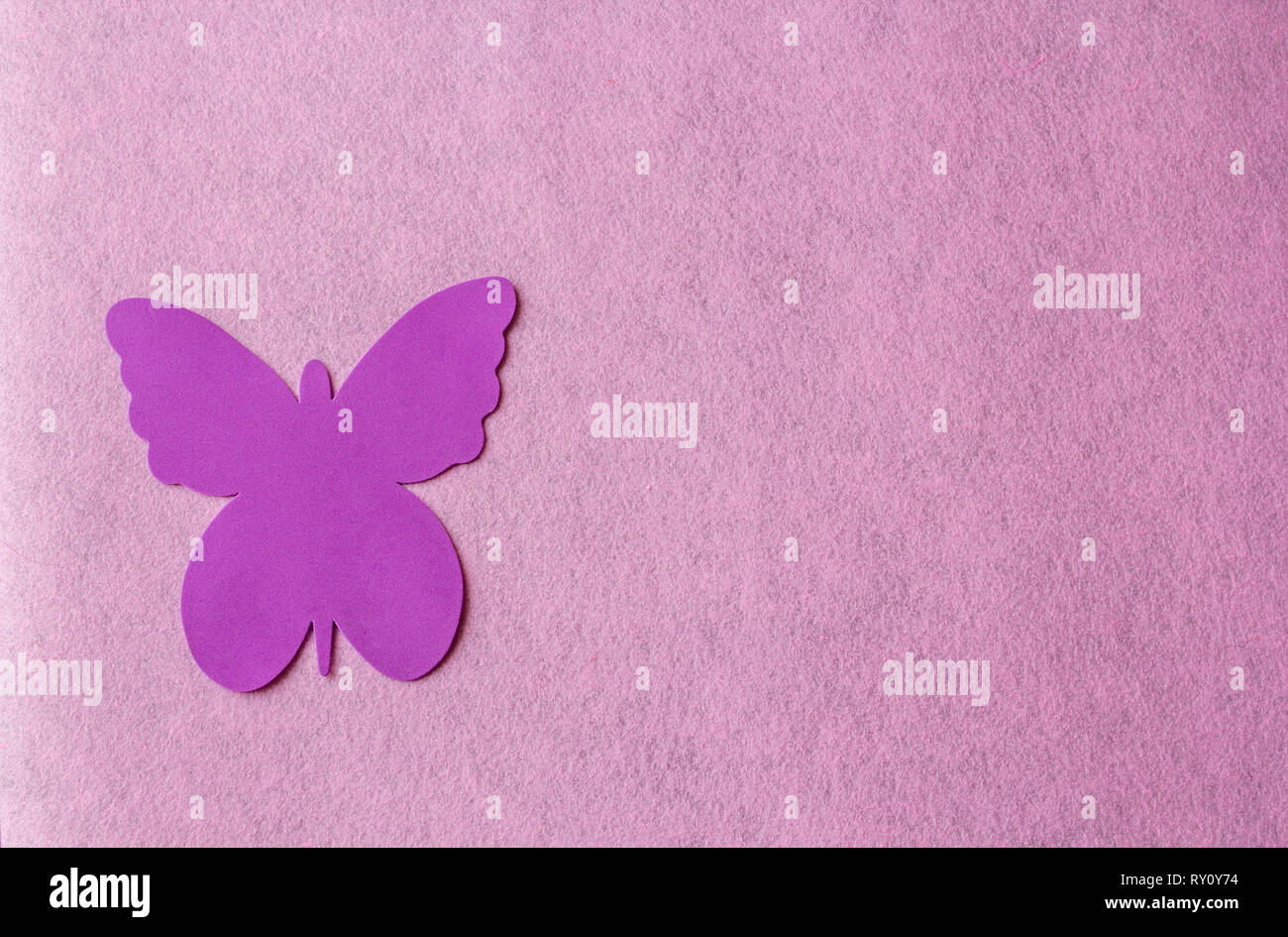 Violet butterfly made of soft material on a pink rag background Stock ...