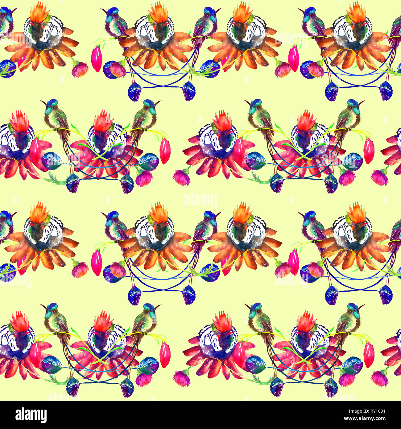 Hummingbirds sitting on pink flowers, seamless pattern design, hand ...