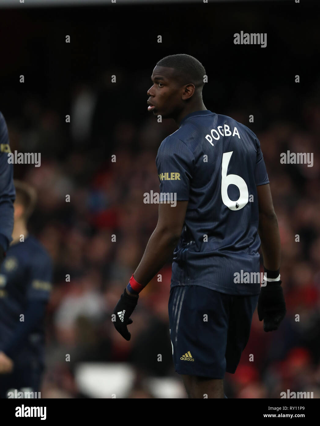 London, UK. 10th Mar, 2019. Paul Pogba (MU) at the Arsenal v Manchester ...