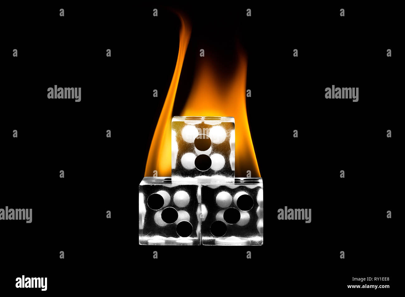 Stacked the fire dice. Dice stacked. Fire on the dice. Clear cube Stock ...