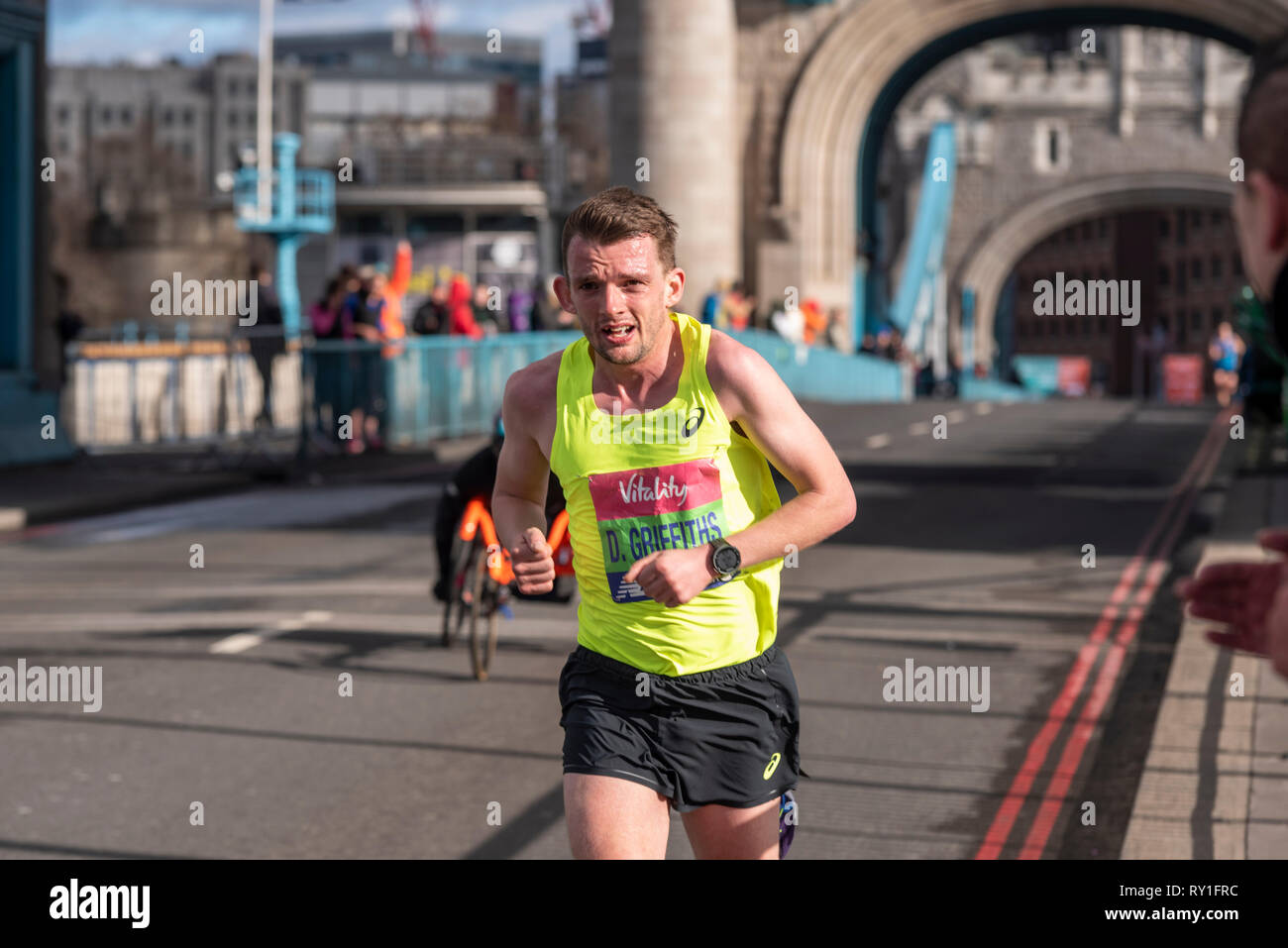 Dewi Griffiths running in the Vitality Big Half half marathon crossing ...