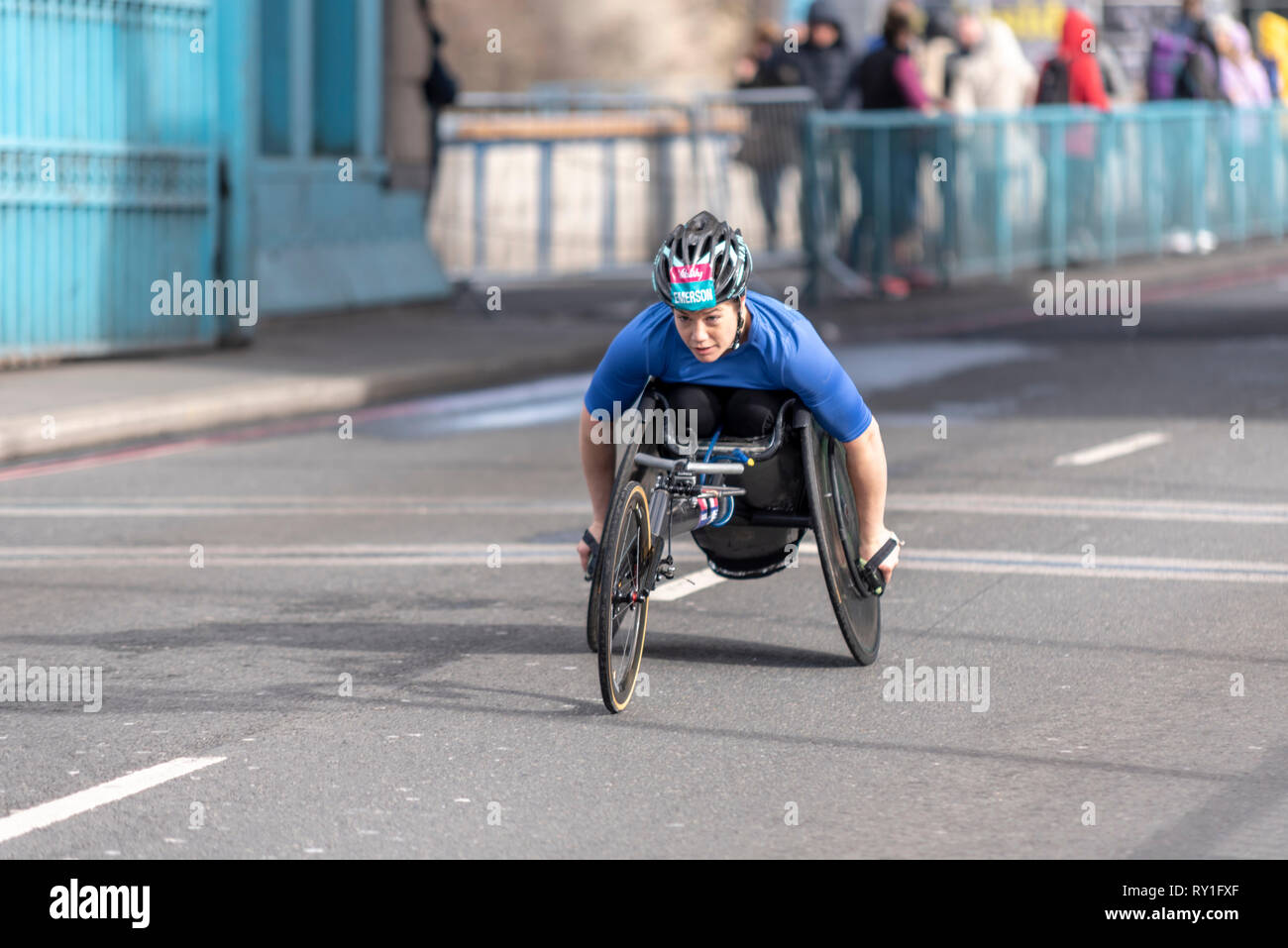 Nikki Emerson racing in the Vitality Big Half half marathon crossing ...