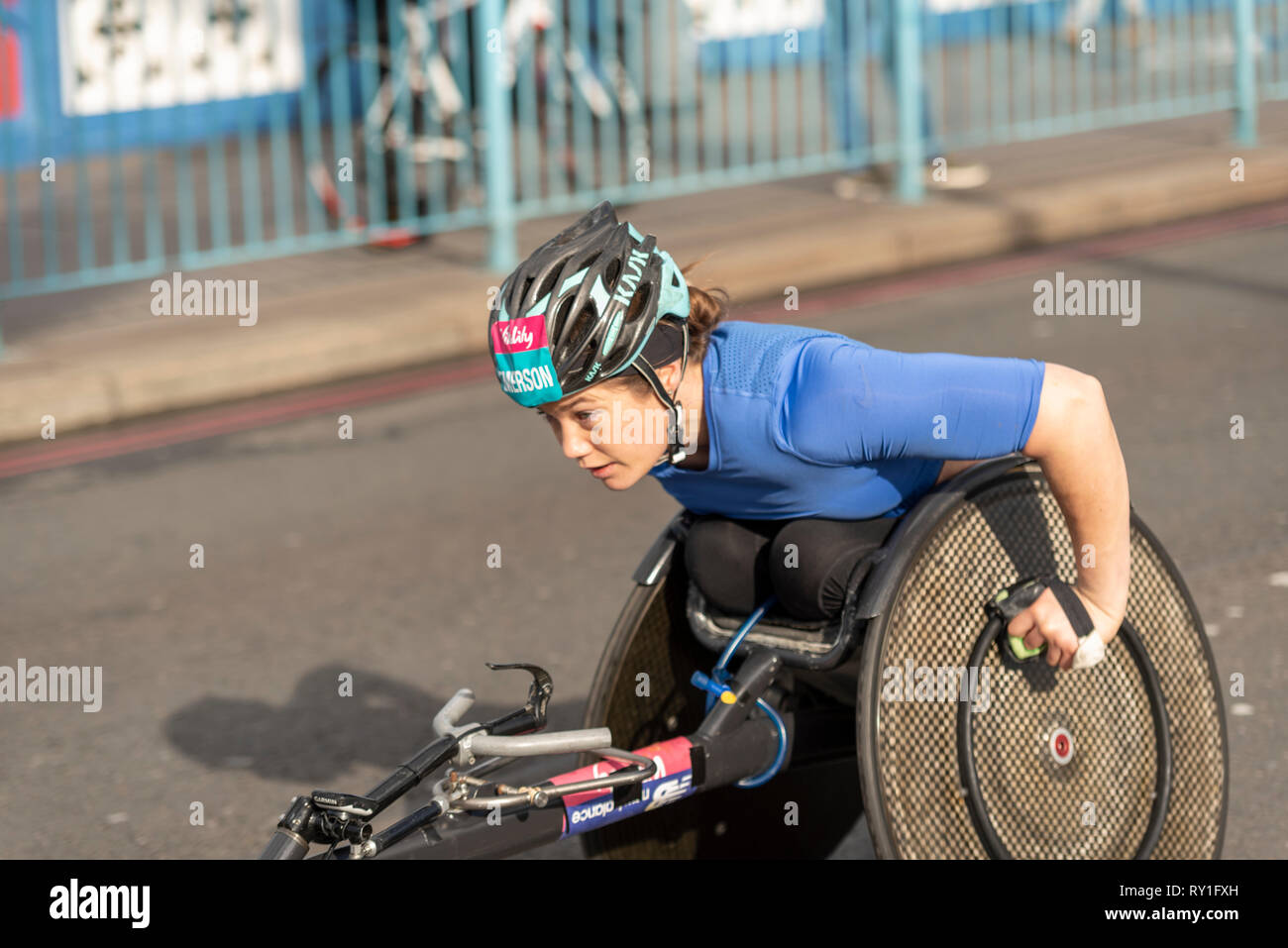 Nikki Emerson racing in the Vitality Big Half half marathon crossing ...