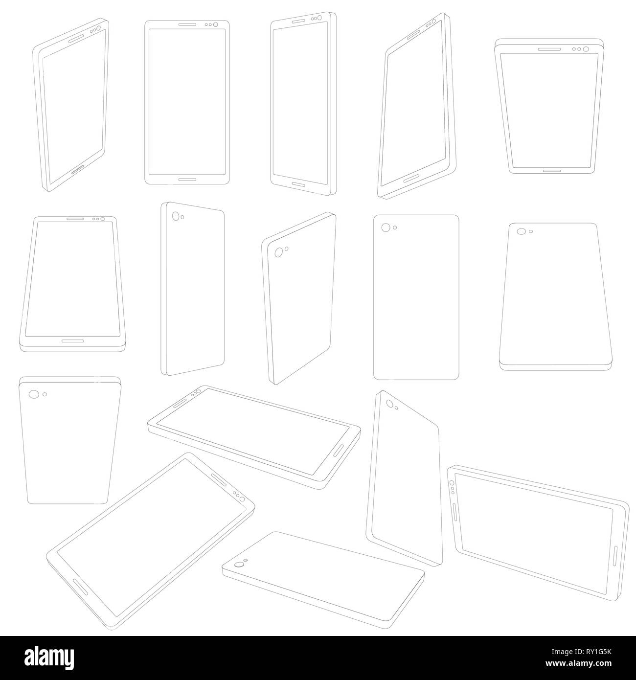 Set with contours of the cell phone. Phones with different types of ...