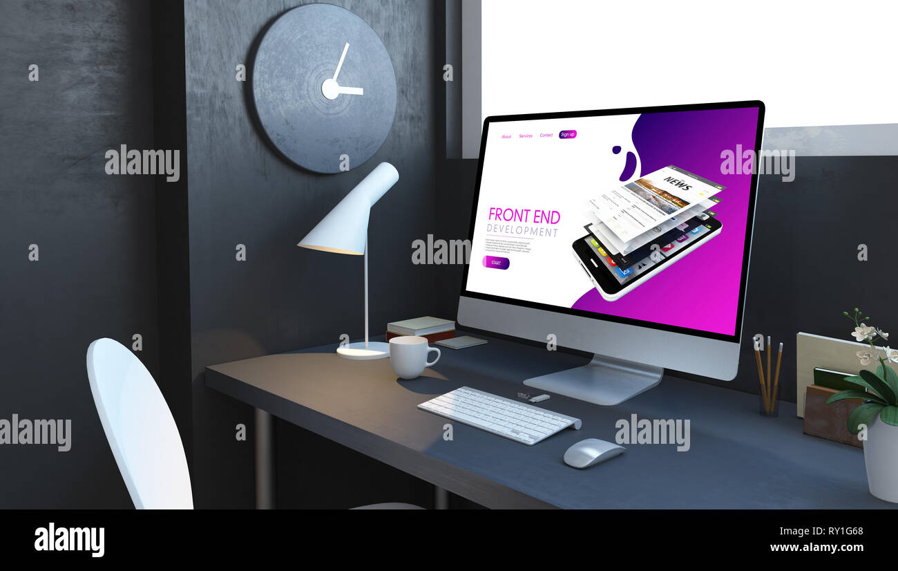 computer with front end on desktop at navy room 3d rendering Stock ...