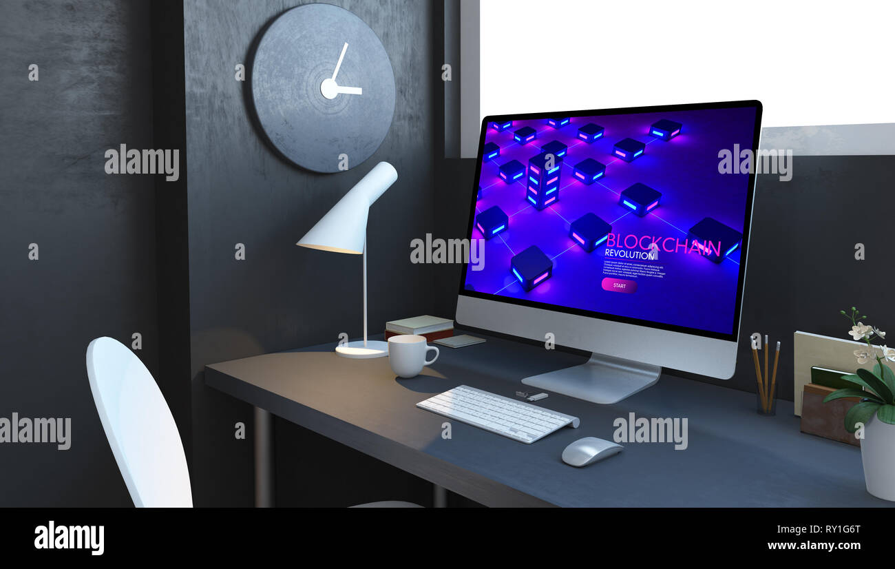 computer with blockchain on desktop at navy room 3d rendering Stock ...