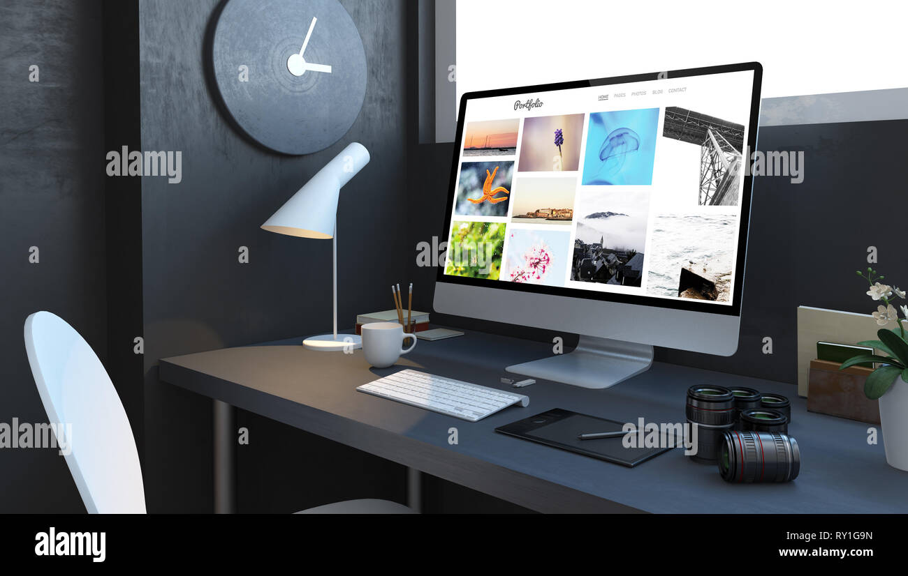 digital photographer desktop with portfolio computer 3d rendering Stock ...