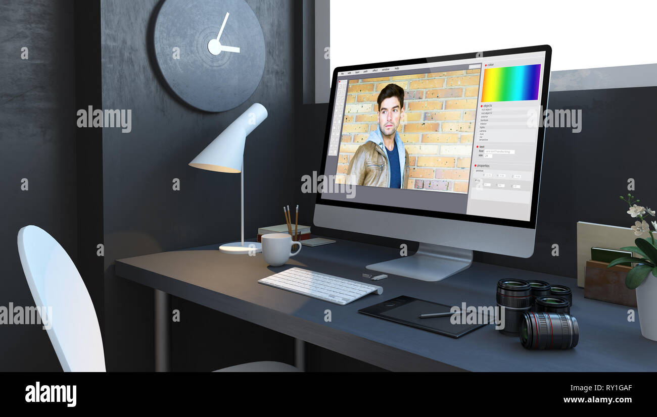 digital photographer desktop with retouch software computer 3d ...
