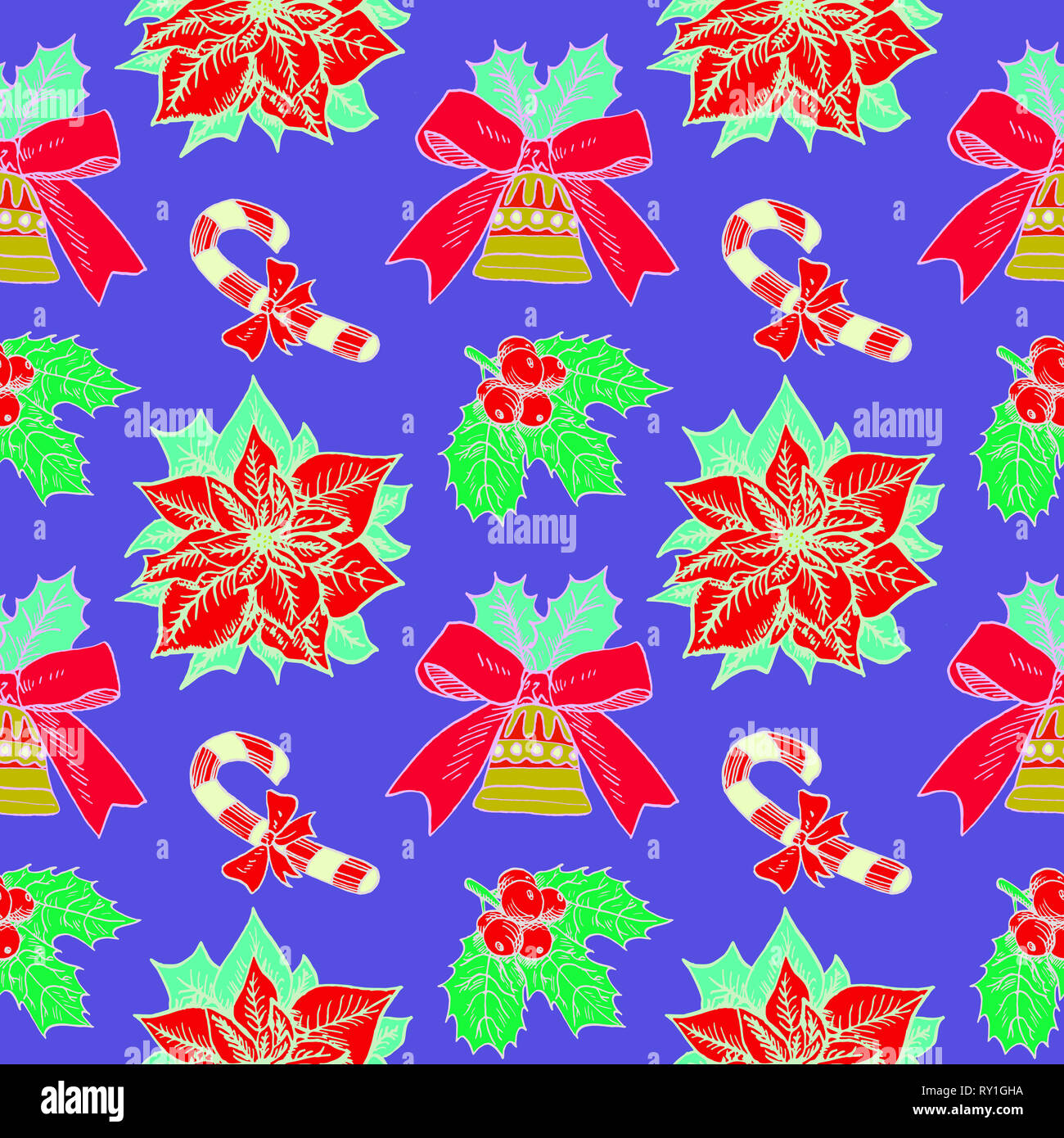 Christmas candy cane, holly and poinsettia, bell with ribbon, hand ...