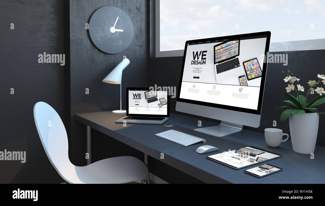 Navy blue workspace with responsive devices 3d rendering design website ...