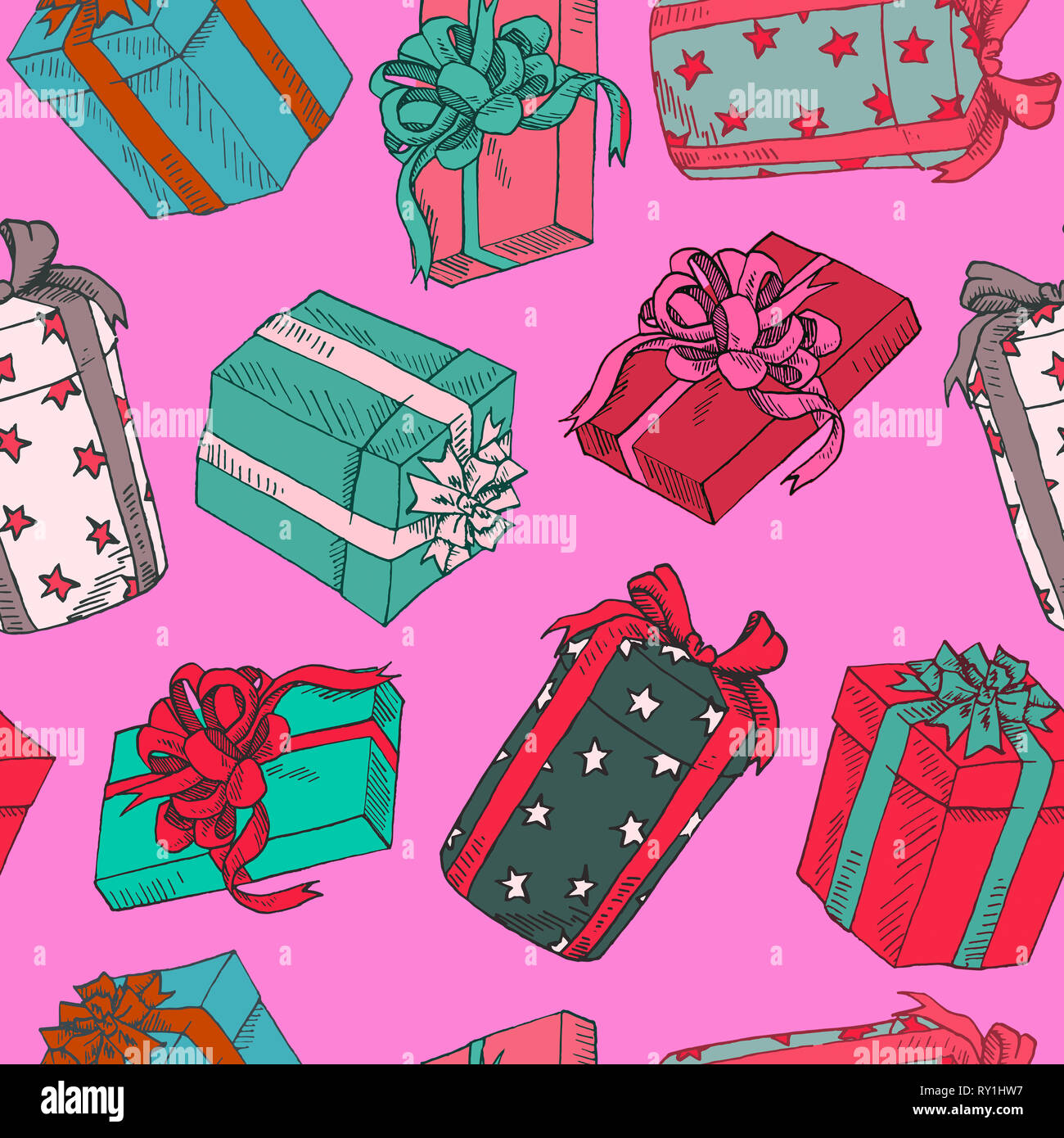 Different gift boxes in red and green colors with ribbon, hand drawn ...