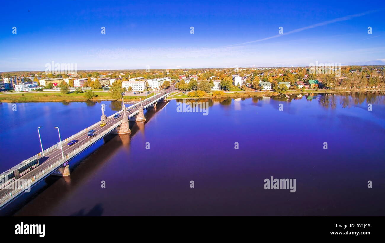 Landscape aerial view of the city of Parnu with the big long bridge ...