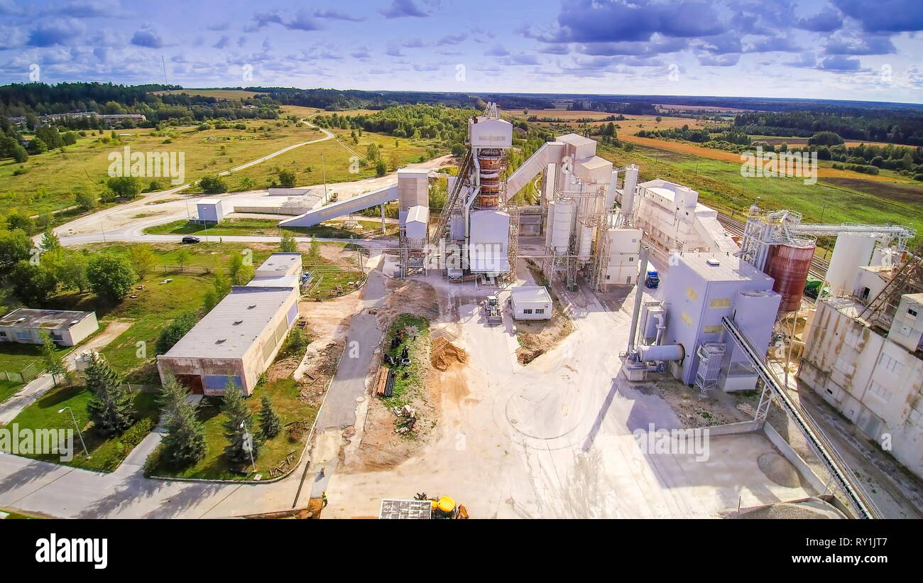 The landscape aerial view of the limestone factory where there is a ...