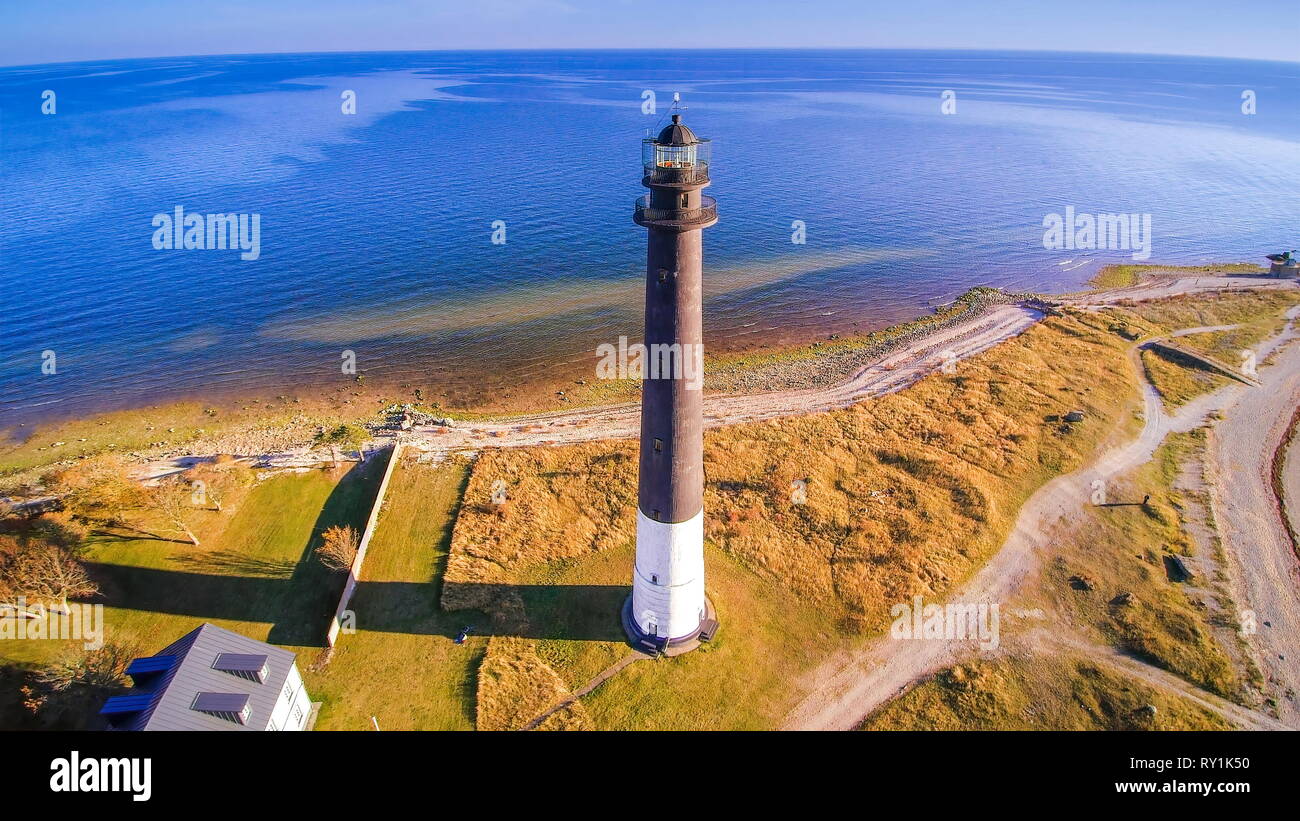 Aerial view of the Sorve lighthouse. The cylindrical concrete ...