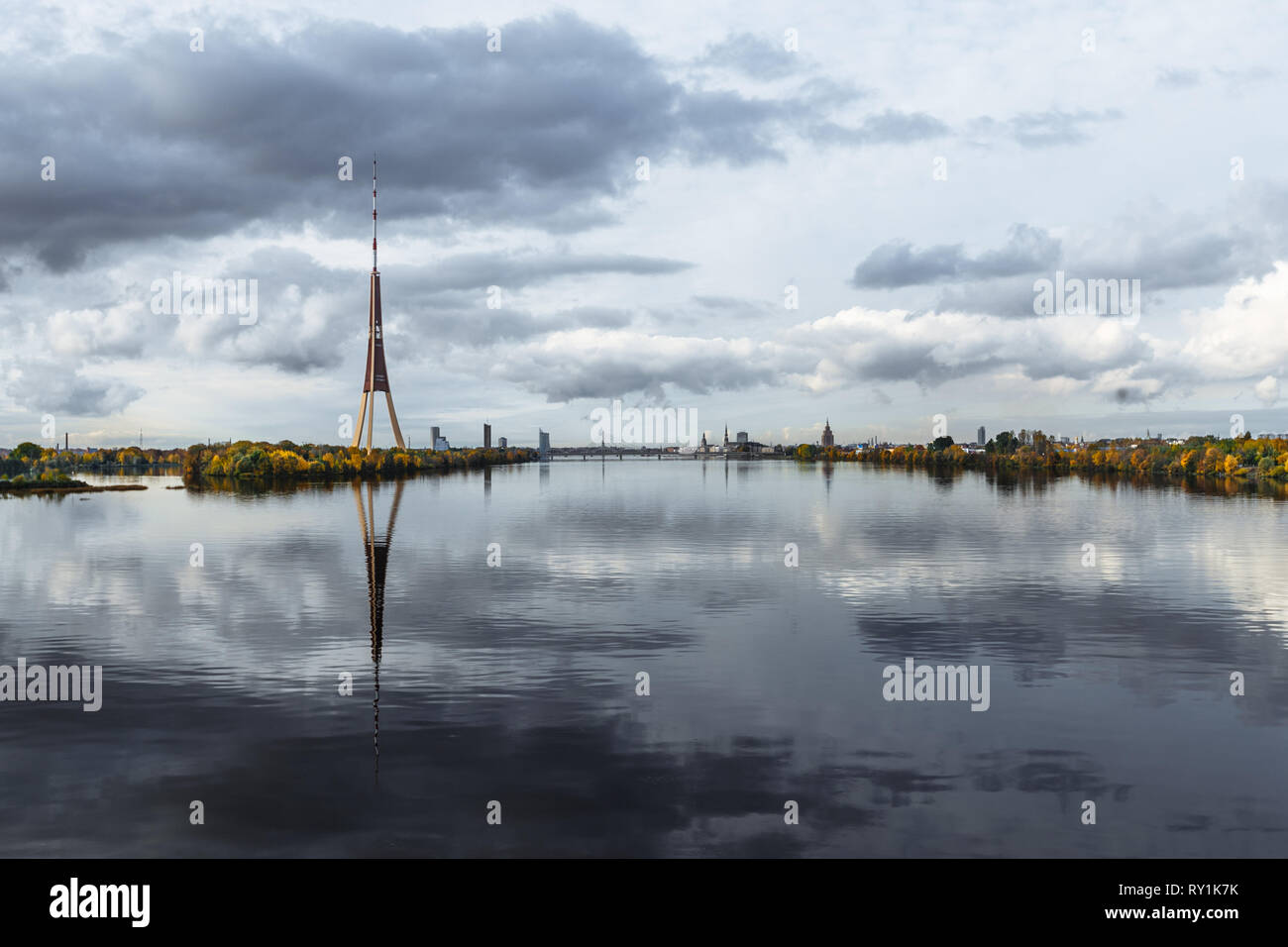 City Riga, Latvia. TV tower at Capital. Big building at city center ...