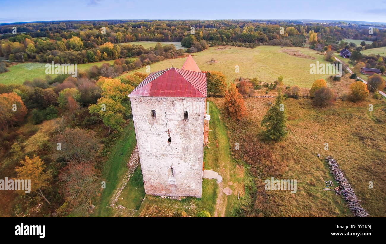 The church in Poide Saaremaa in Estonia. Located on top of a grassy ...