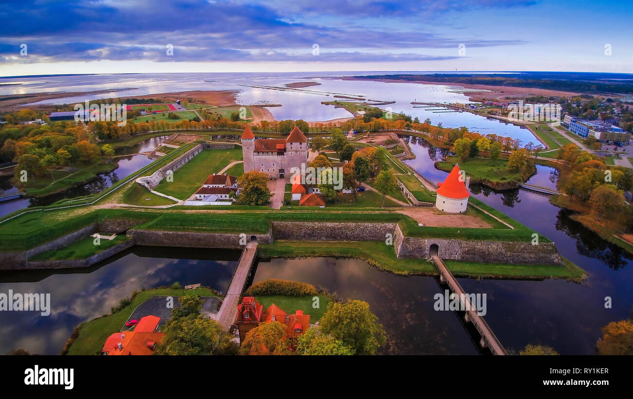 Aerial view of the Saaremaa city with the castle in the middle. It is ...