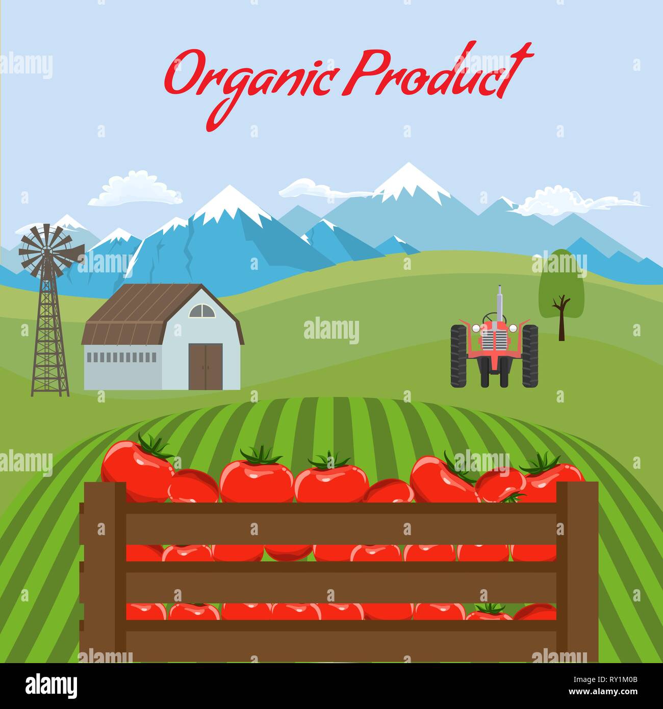 Tomato mockup in farm landscape background. Label design for tomato ...