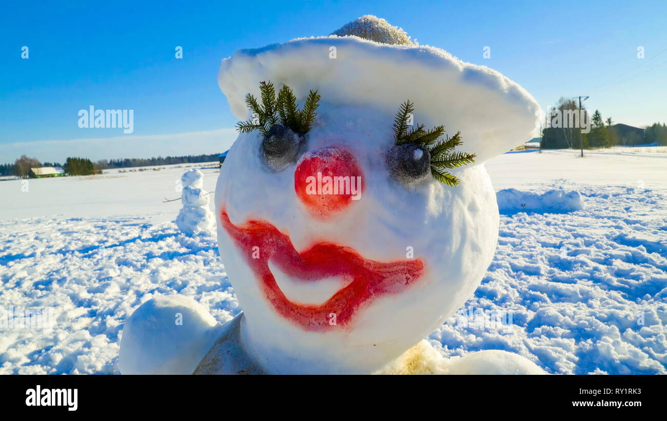 Front view of the pretty snowman with long lashes big eyes and red big ...
