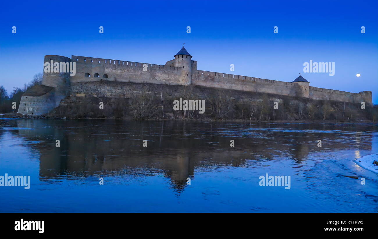 The Ivangorod castle in Russia fronting the city of Narva. They are two ...