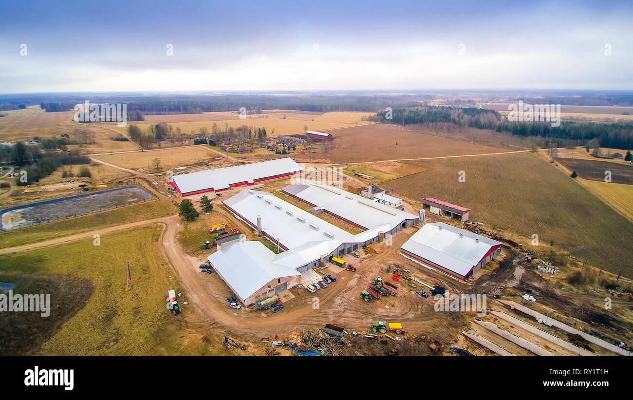 Aerial view of the roof of the houses in the farm it is a big farm with ...
