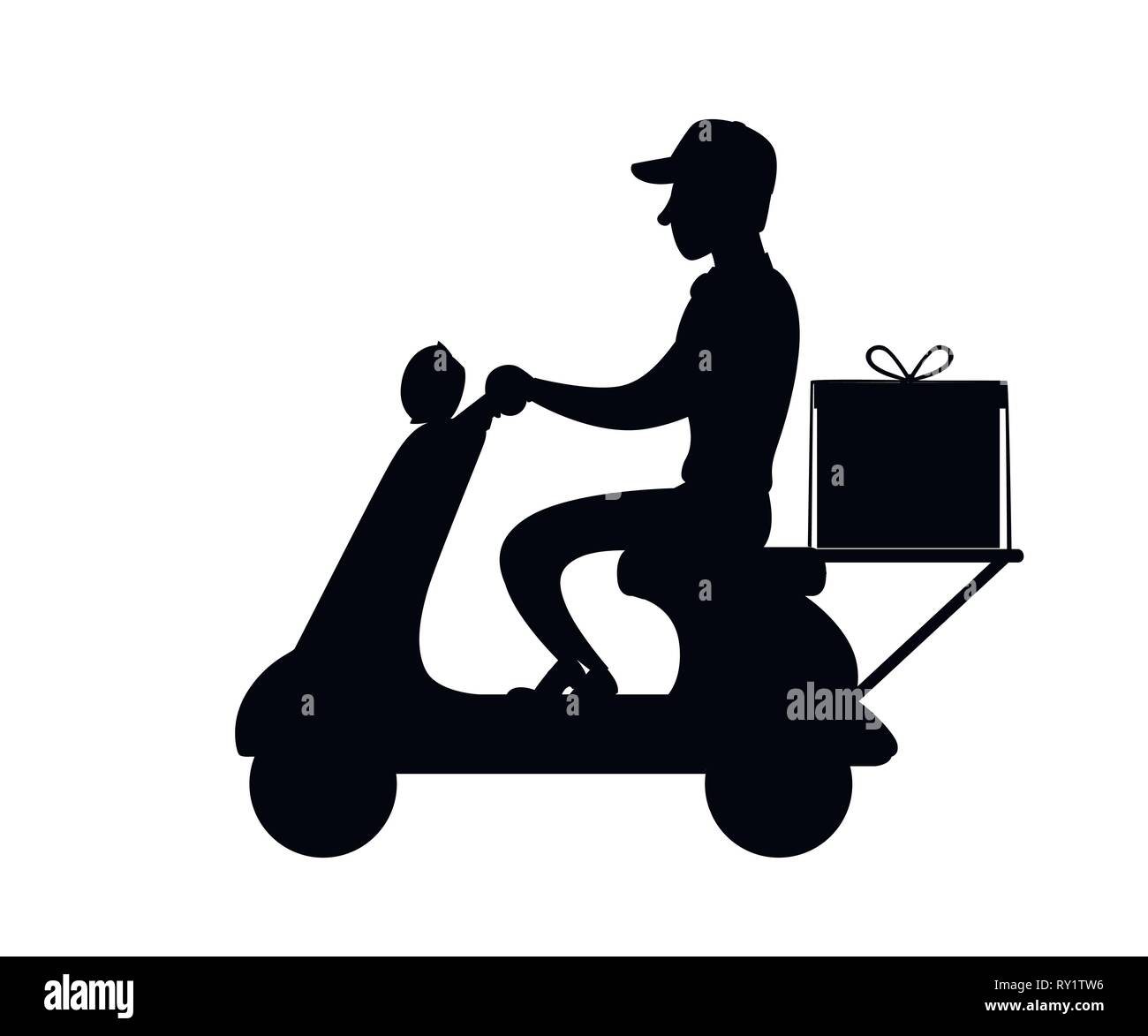 Black silhouette. Delivery man on scooter. Food courier. Man with ...
