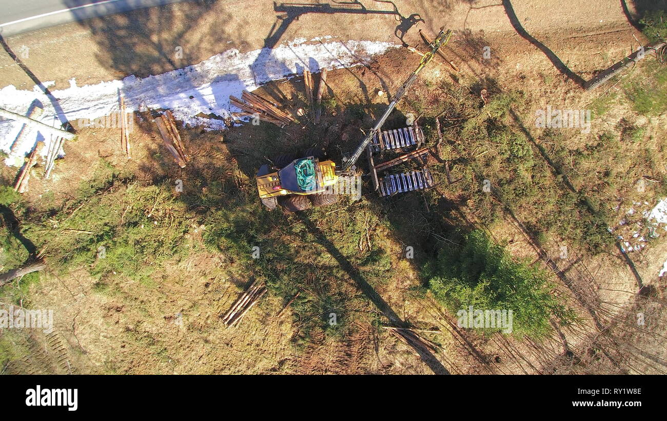 Aerial top view of the log grapple on works grabbing logs on the ground ...