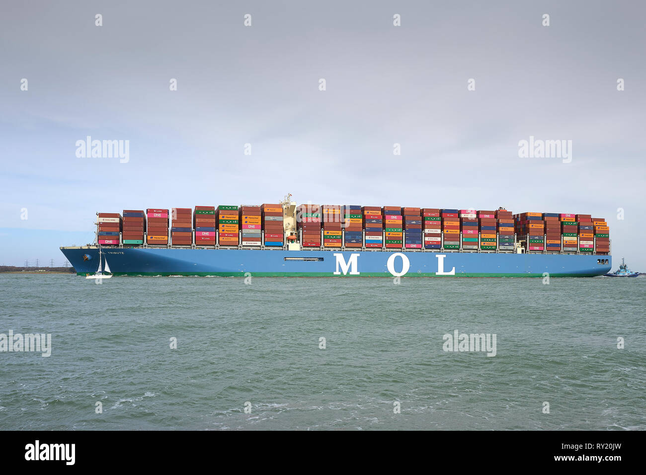 The Container Ship, MOL TRIBUTE, Enters The Narrow Deep Water Channel ...
