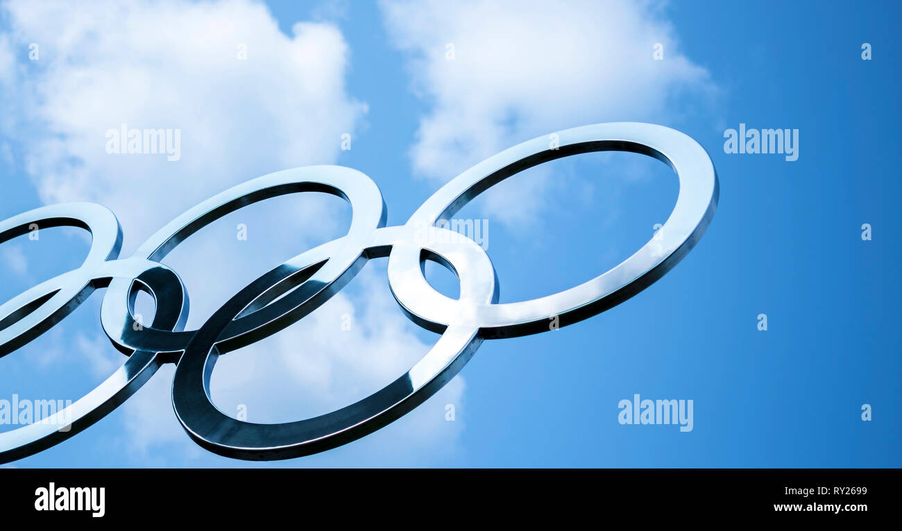 Montreal, Quebec, Canada- August 4 2018- Olymipic Rings near the ...