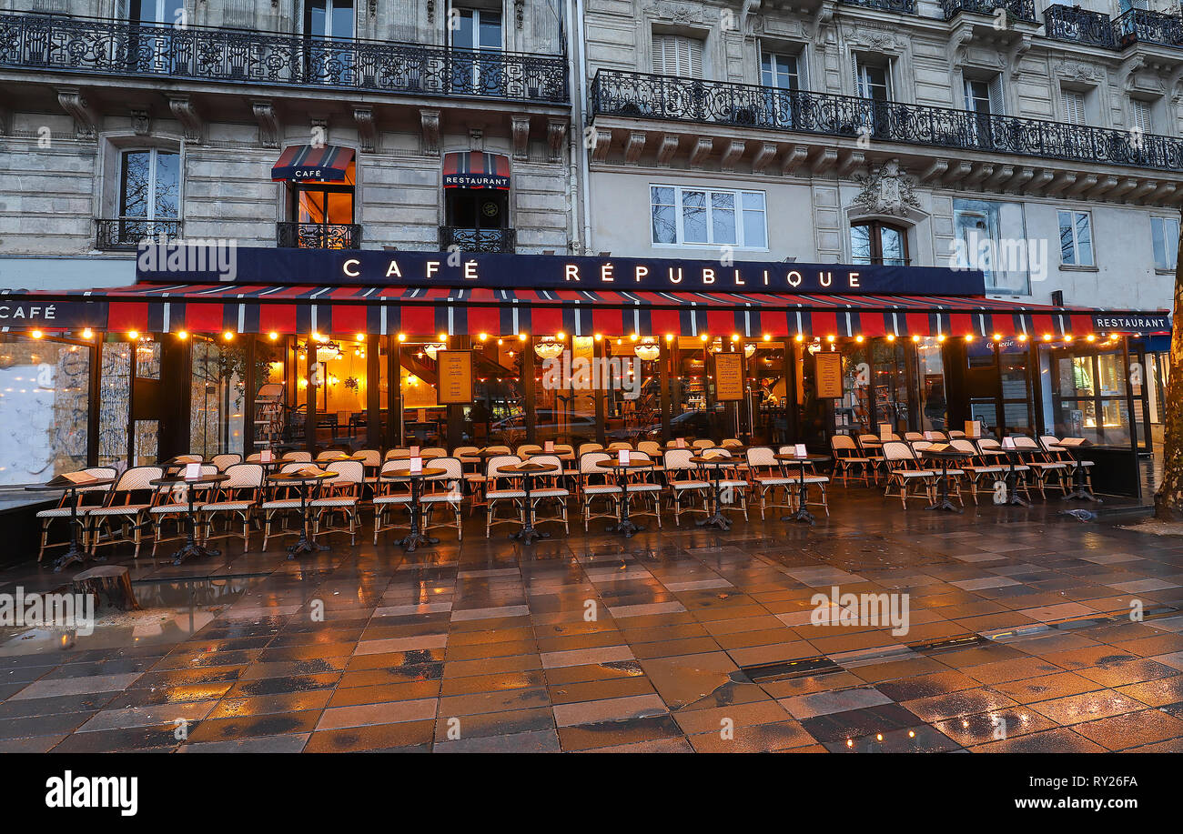 The Cafe Republique at rainy morning . It is traditional French cafe ...