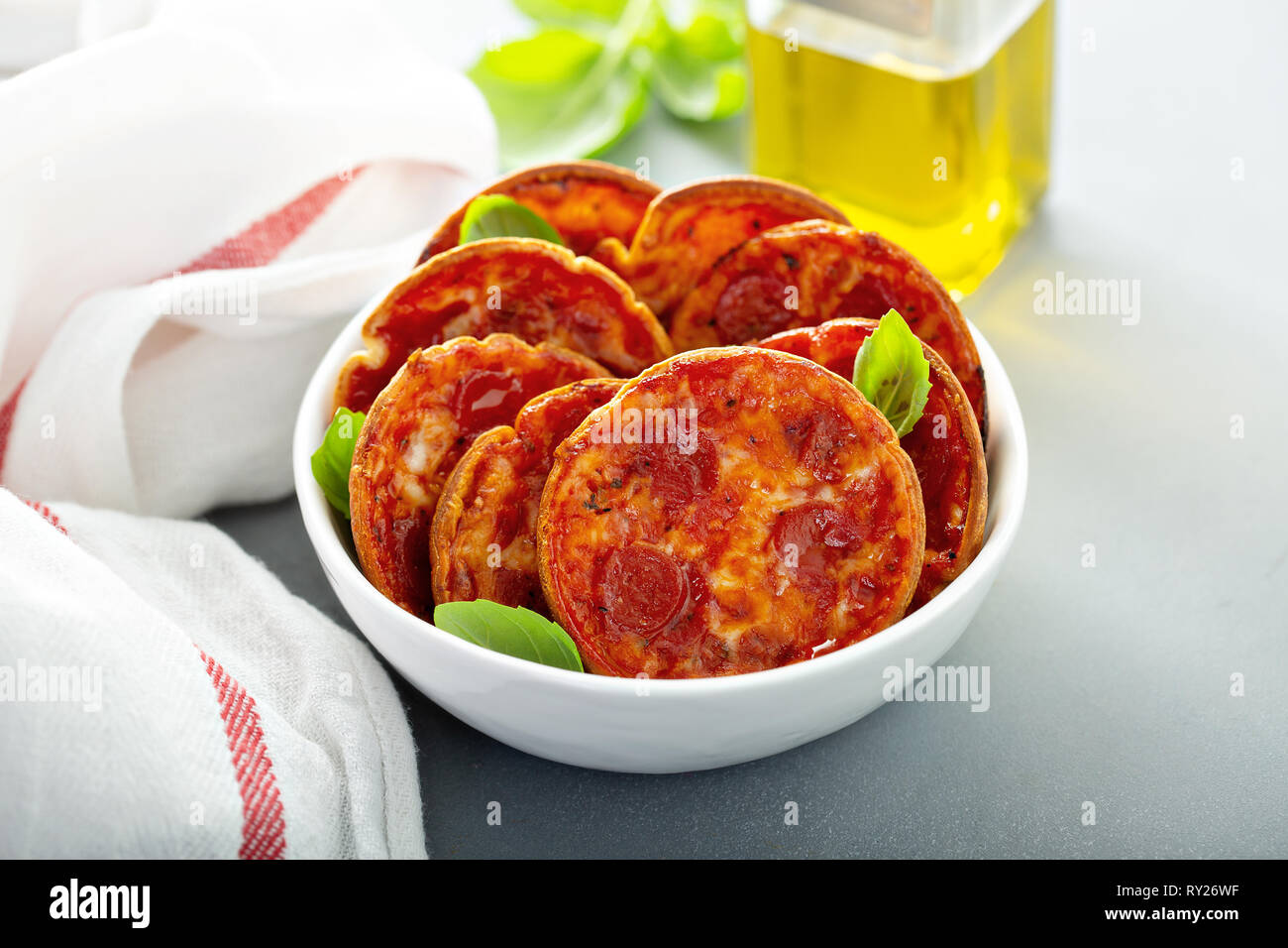 Mini pepperoni pizzas Stock Photo - Alamy