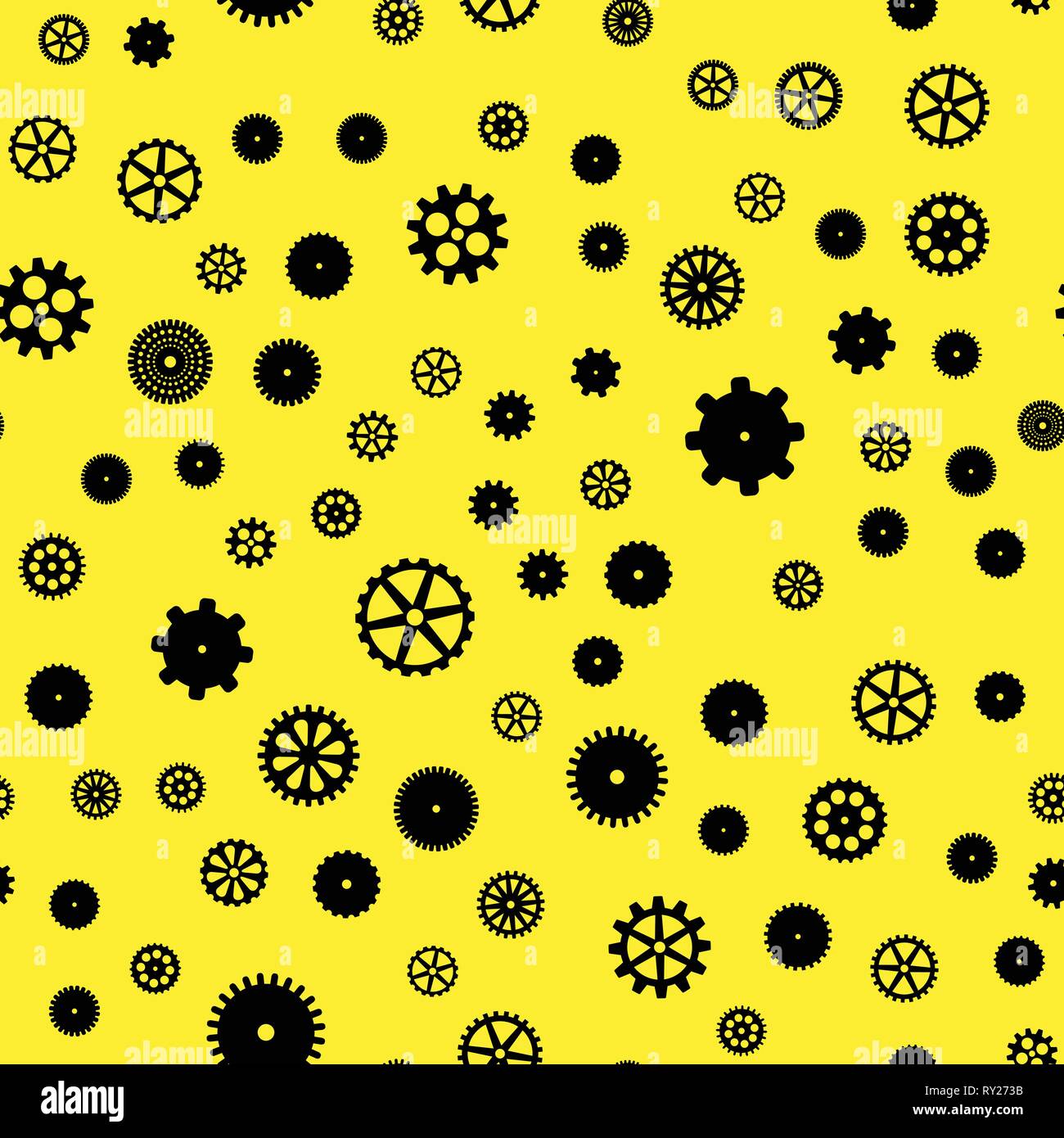 abstract vector black flat gears seamless pattern on yellow background ...