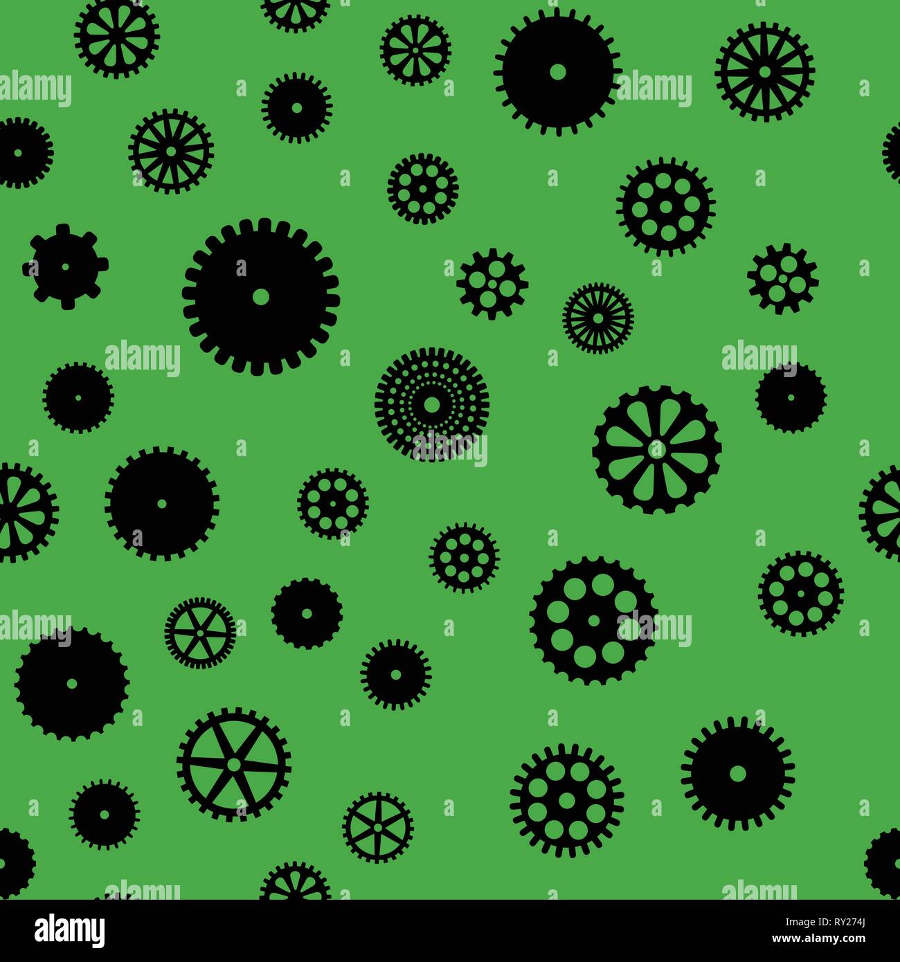 abstract vector black flat gears seamless pattern on green background ...