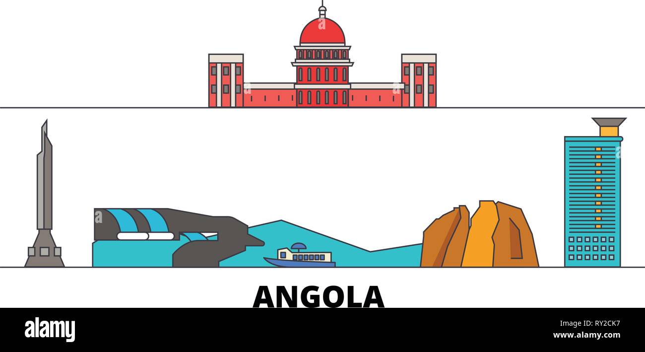 Angola flat landmarks vector illustration. Angola line city with famous ...