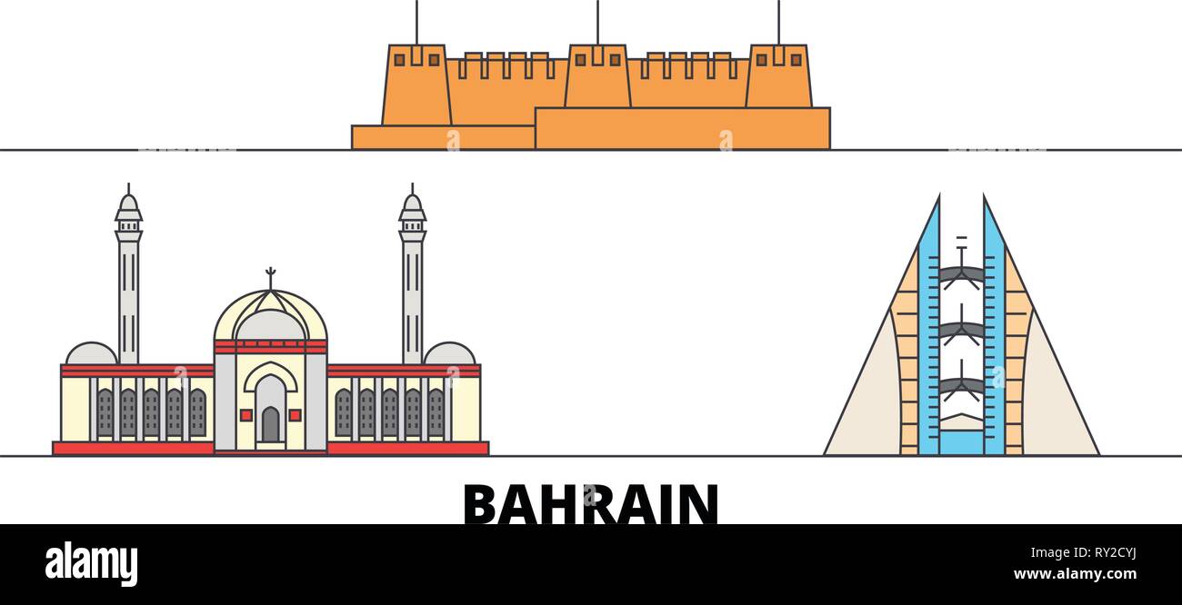 Bahrain flat landmarks vector illustration. Bahrain line city with ...