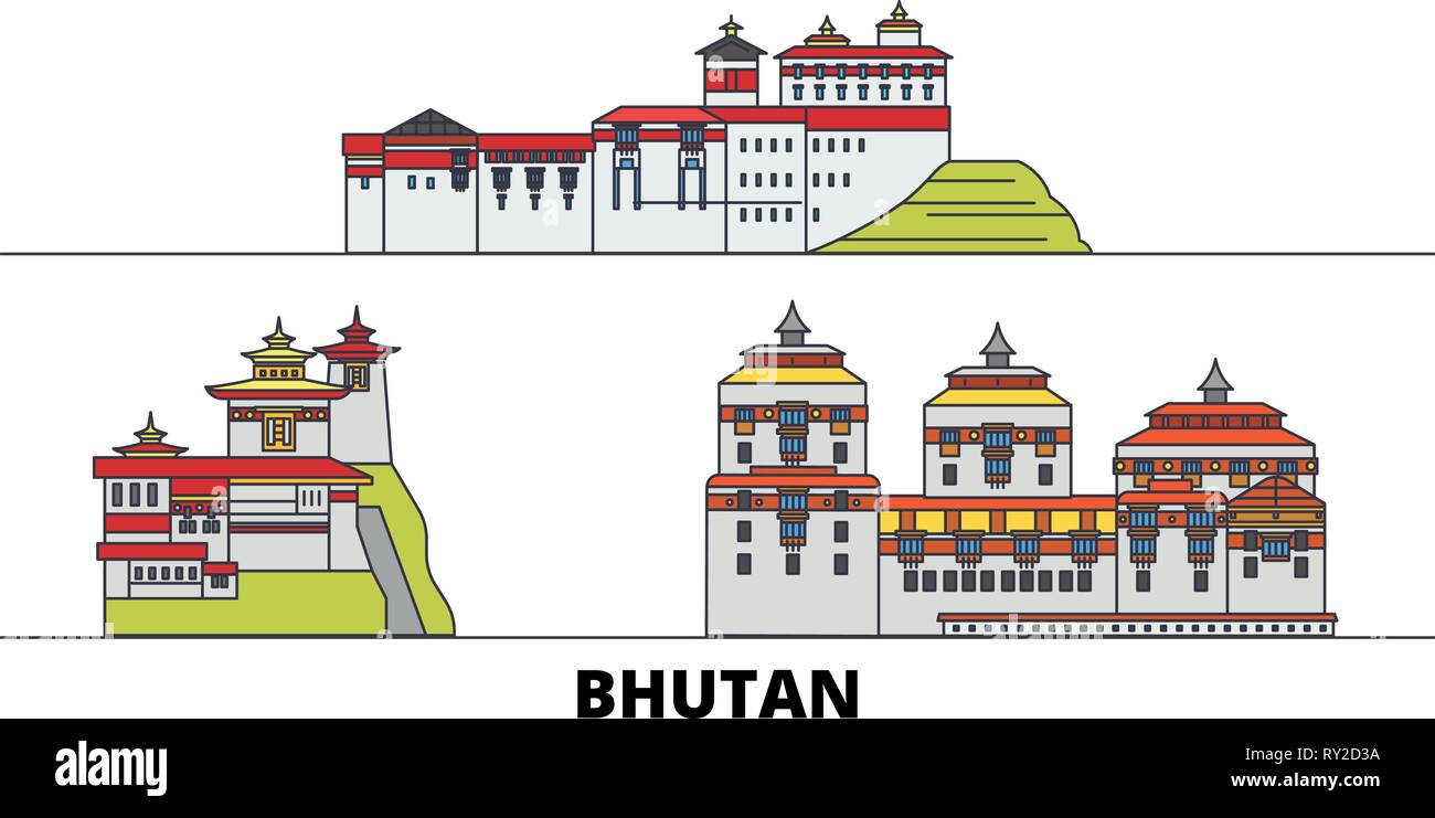 Bhutan flat landmarks vector illustration. Bhutan line city with famous ...