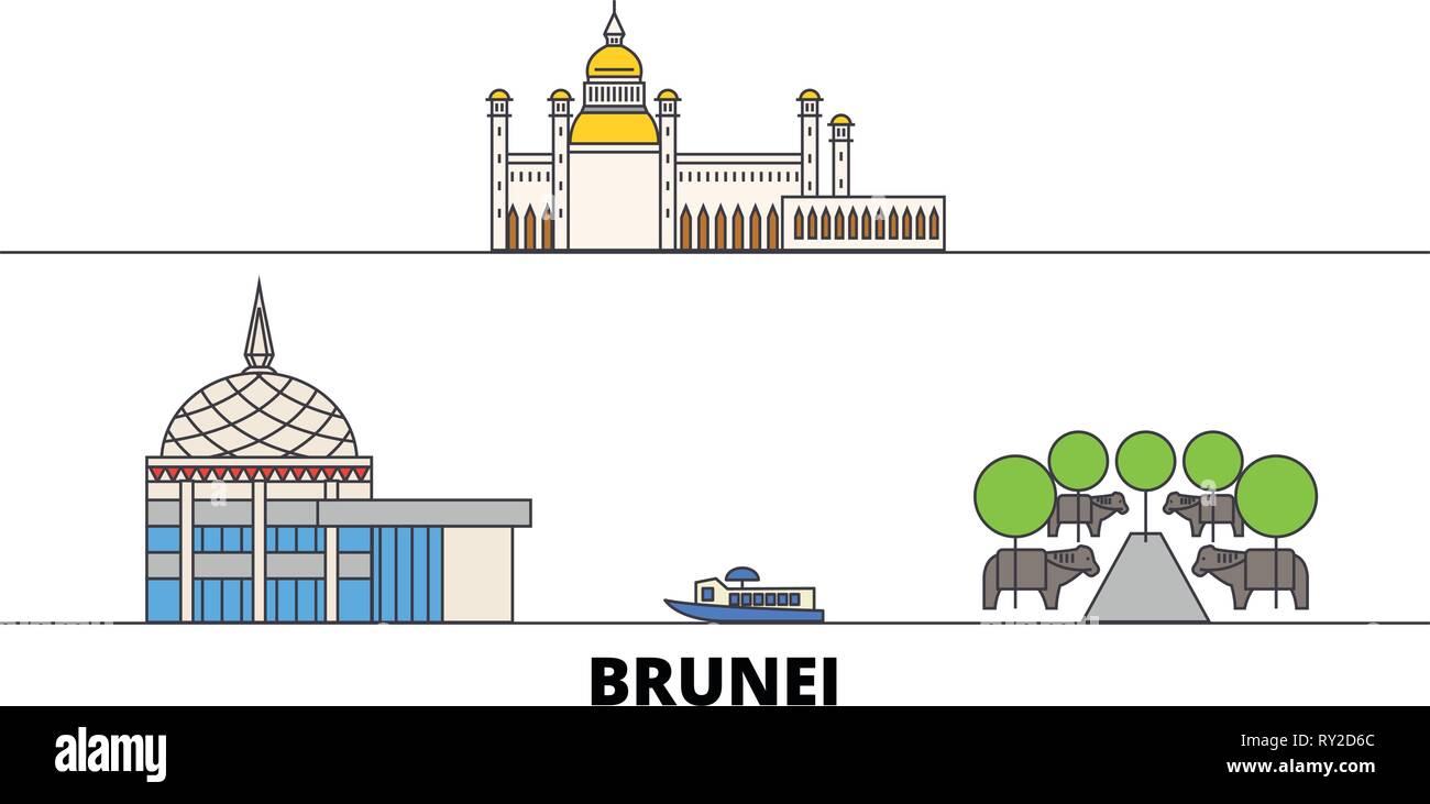 Brunei flat landmarks vector illustration. Brunei line city with famous ...