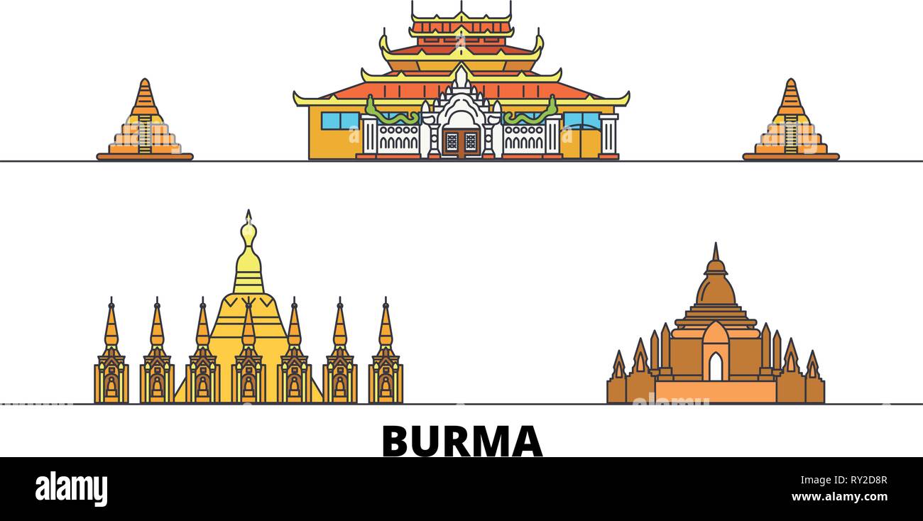 Burma flat landmarks vector illustration. Burma line city with famous ...