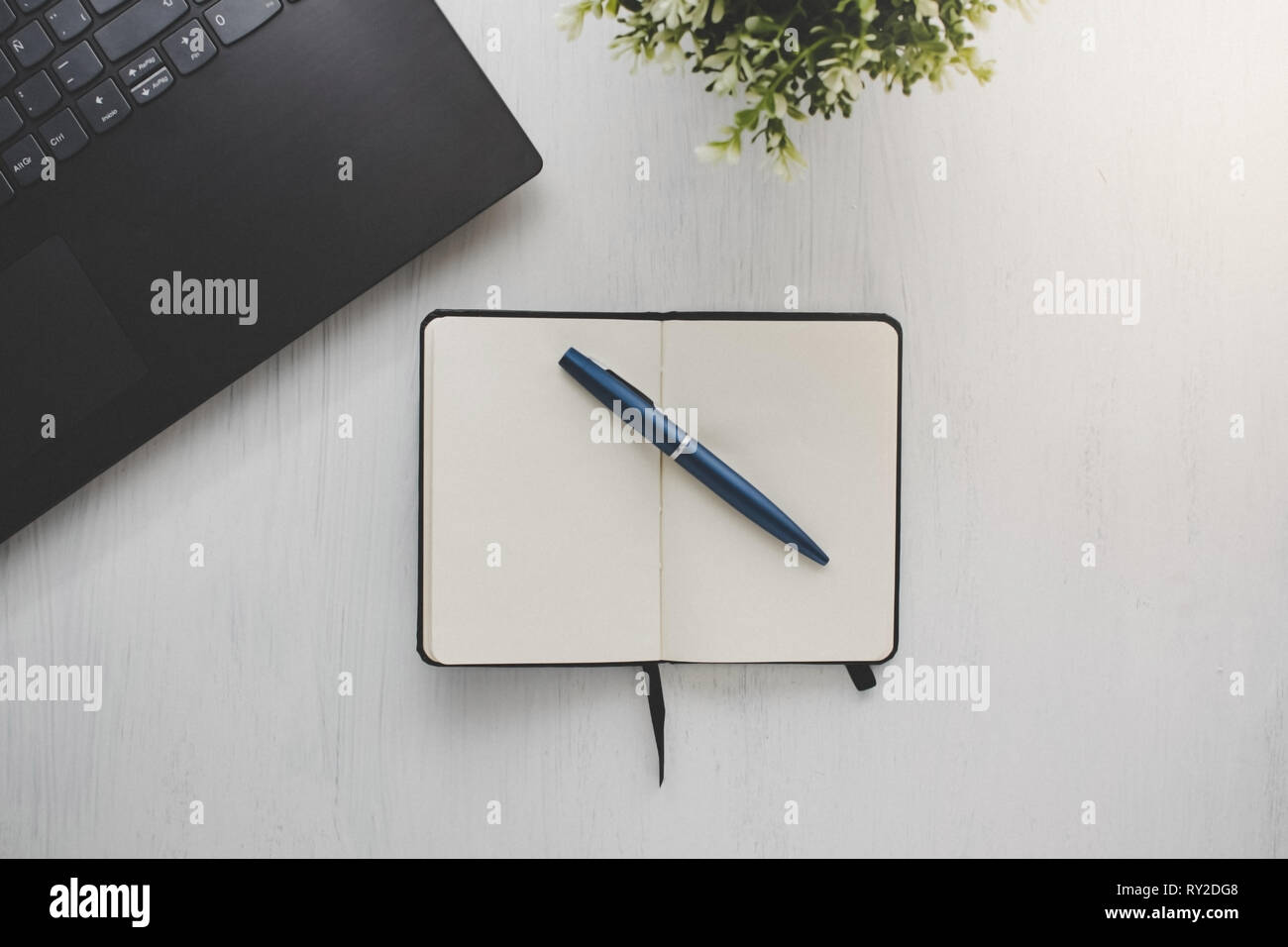 Flat lay table top with laptop, plant, pen and notebook or diary. Copy ...