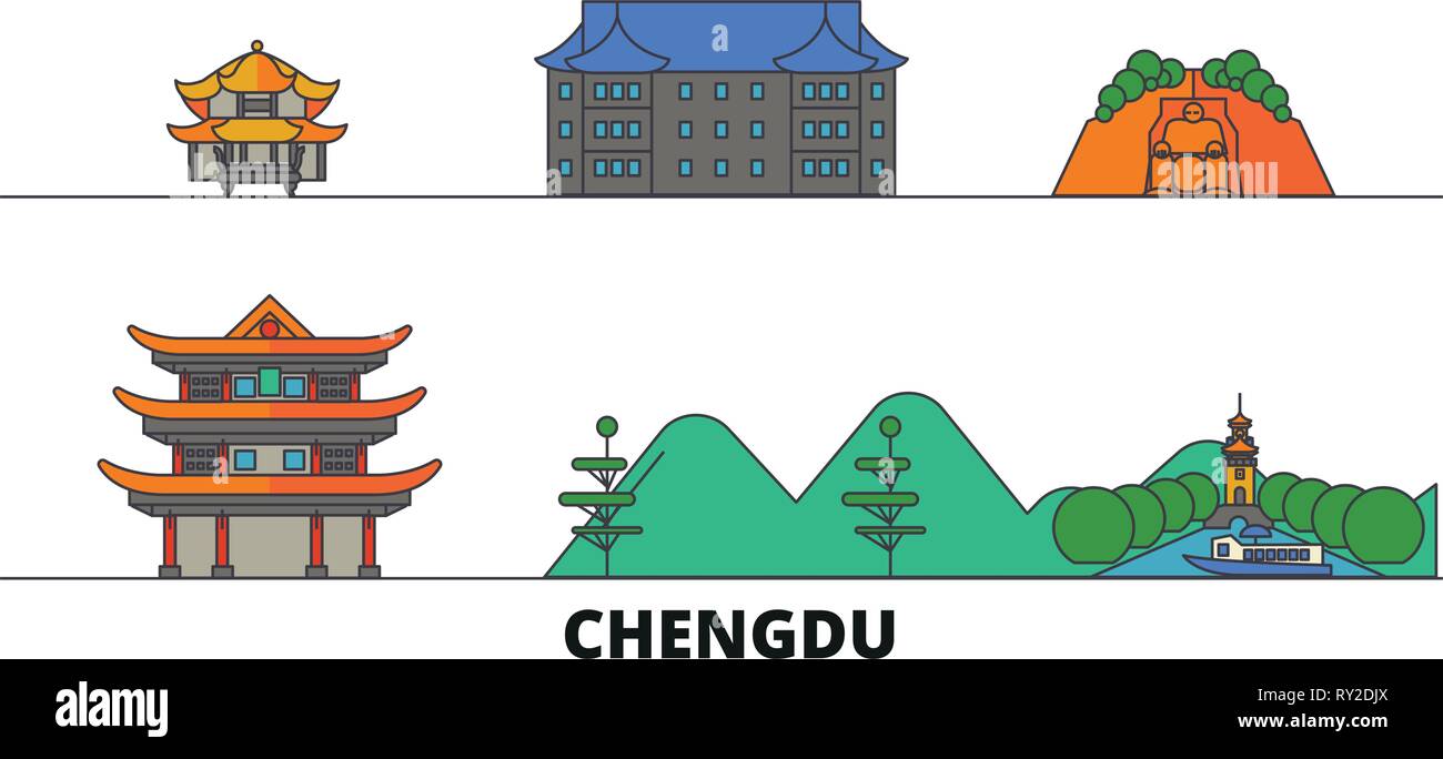 China, Chengdu flat landmarks vector illustration. China, Chengdu line ...