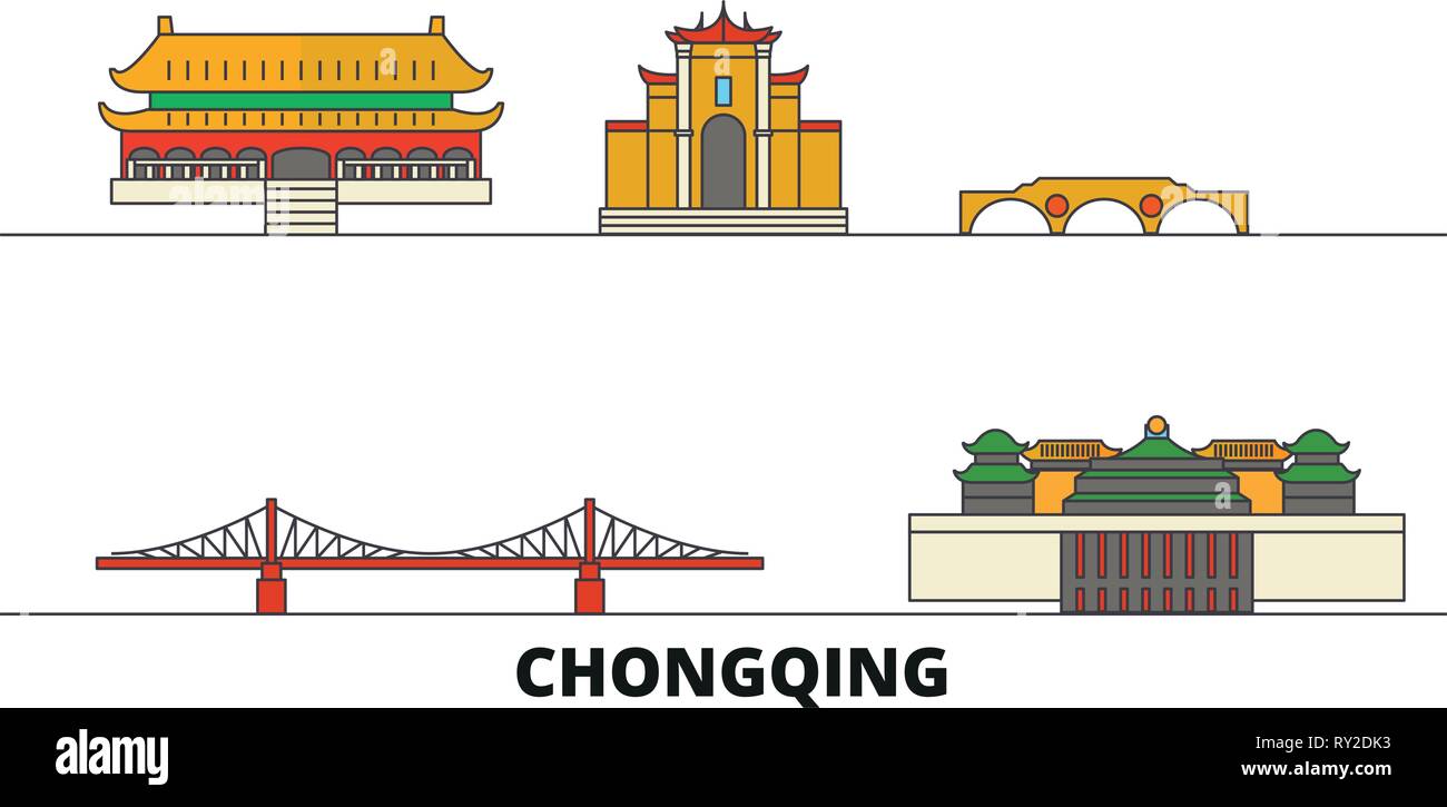 China, Chongqing flat landmarks vector illustration. China, Chongqing ...