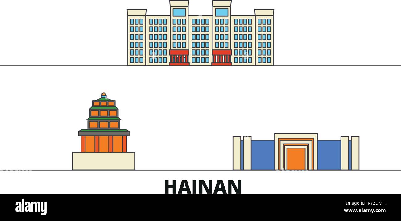 China, Hainan flat landmarks vector illustration. China, Hainan line ...