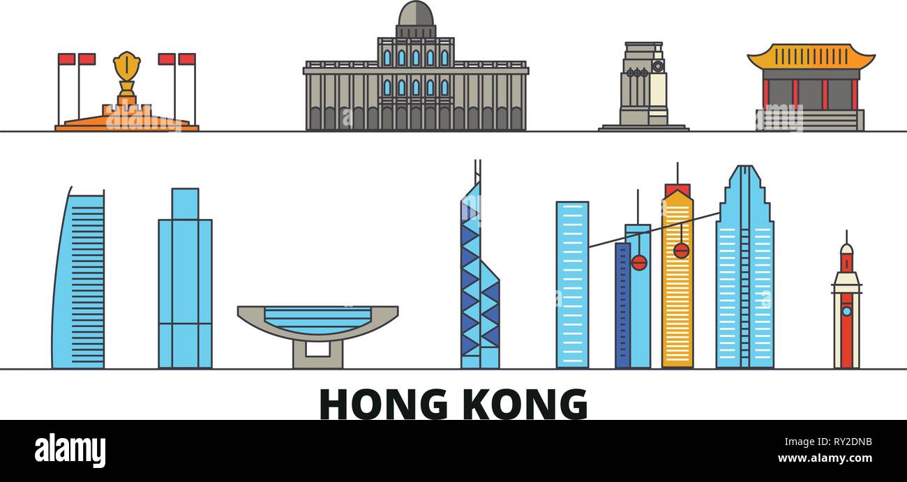 China, Hong Kong City flat landmarks vector illustration. China, Hong ...