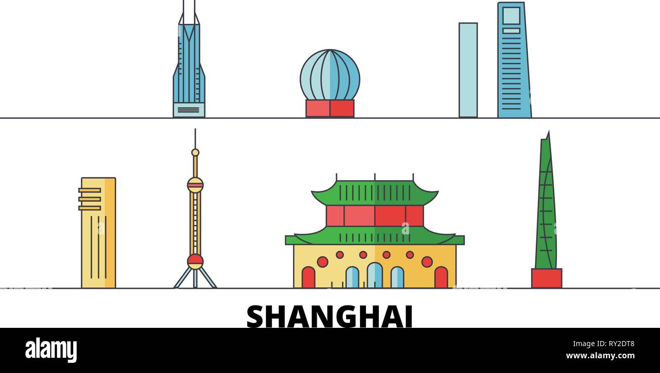 China, Shanghai City flat landmarks vector illustration. China ...