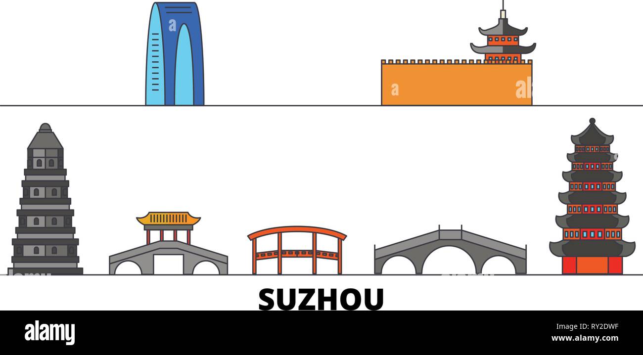 China, Suzhou flat landmarks vector illustration. China, Suzhou line ...