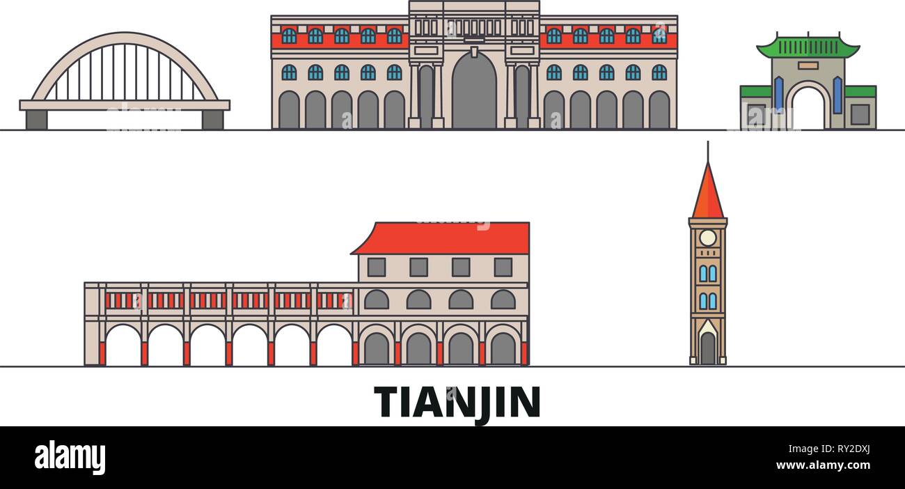 China, Tianjin City flat landmarks vector illustration. China, Tianjin ...