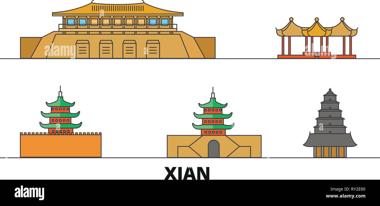 China, Xian flat landmarks vector illustration. China, Xian line city ...