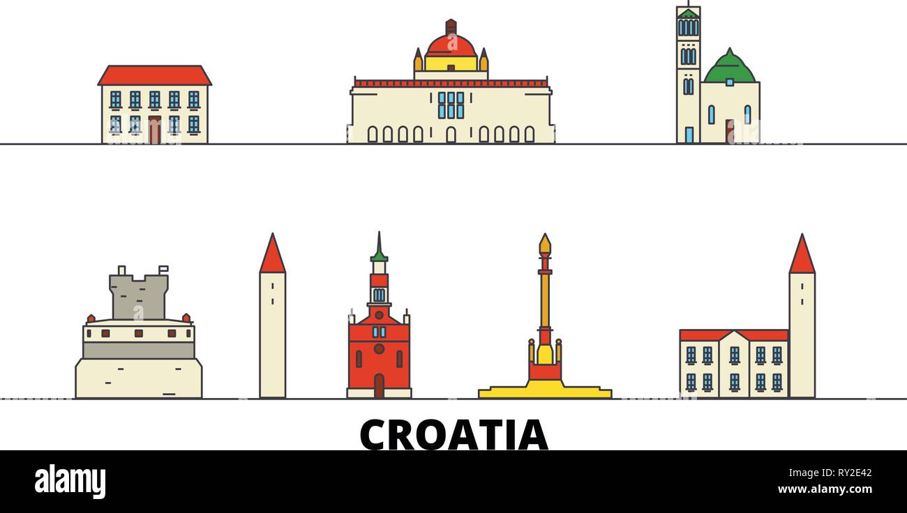 Croatia flat landmarks vector illustration. Croatia line city with ...