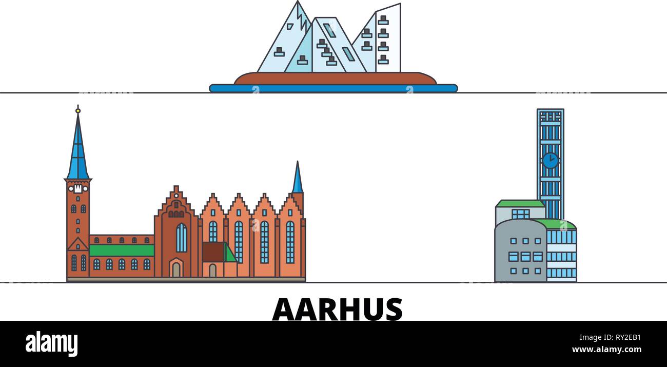 Denmark, Aarhus flat landmarks vector illustration. Denmark, Aarhus ...